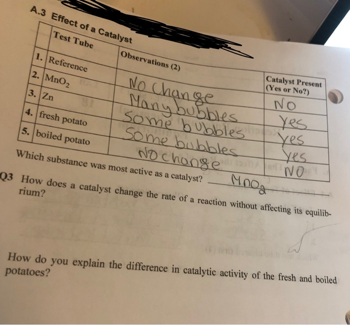 Solved A.3 Effect of a Catalyst Test Tube Observations (2) I | Chegg.com