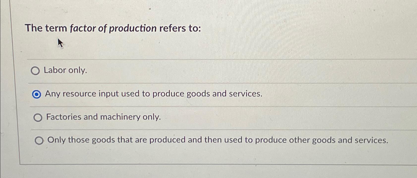 Solved The term factor of production refers to:Labor | Chegg.com
