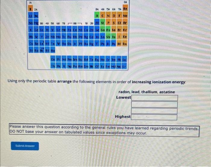 Solved Using only the periodic table arrange the following | Chegg.com