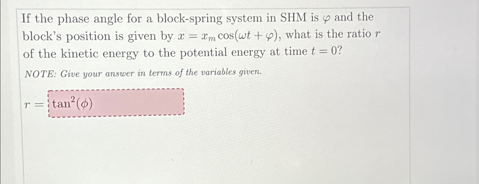 Solved If the phase angle for a block-spring system in SHM | Chegg.com