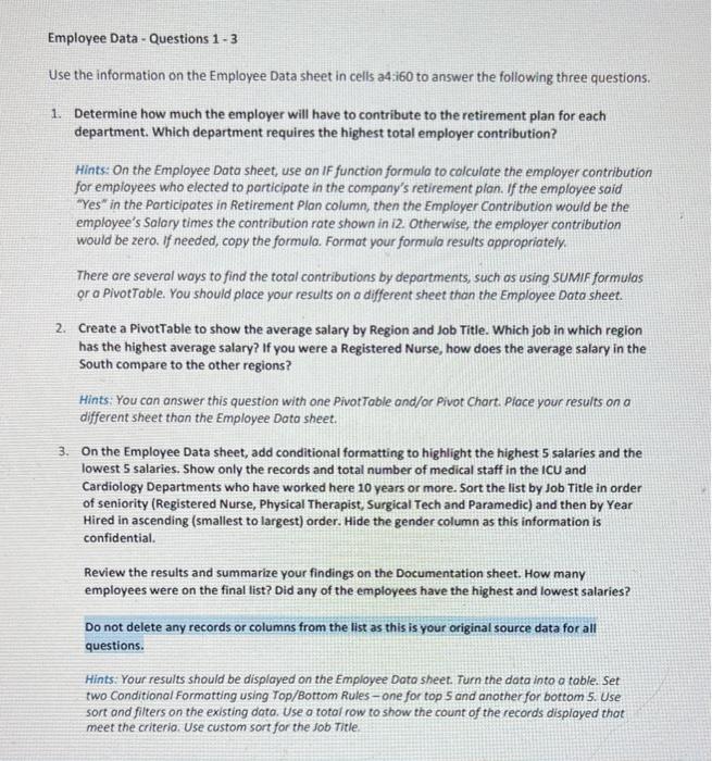 Use the information on the Employee Data sheet in | Chegg.com