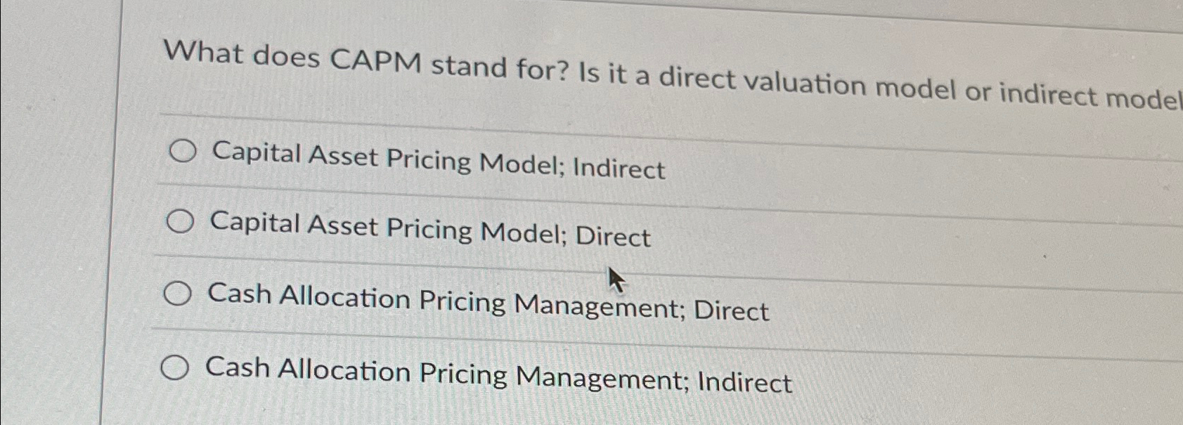 Solved What does CAPM stand for? Is it a direct valuation | Chegg.com