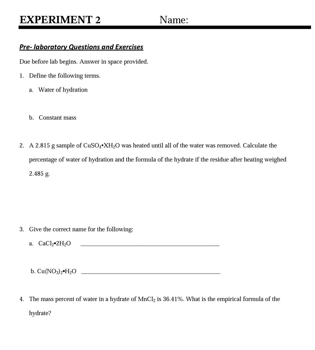 Solved Pre- laboratory Questions and Exercises Due before | Chegg.com