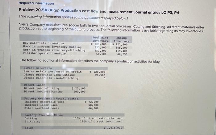 Solved Problem 20-5A (Algo) Production cost flow and | Chegg.com