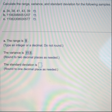 Solved Calculate the range, variance, and standard deviation | Chegg.com