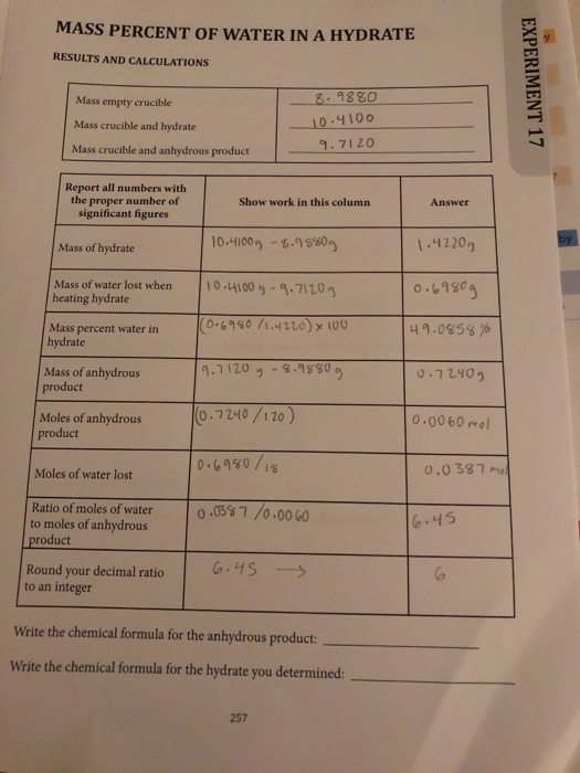 MASS PERCENT OF WATER IN A HYDRATE RESULTS AND | Chegg.com