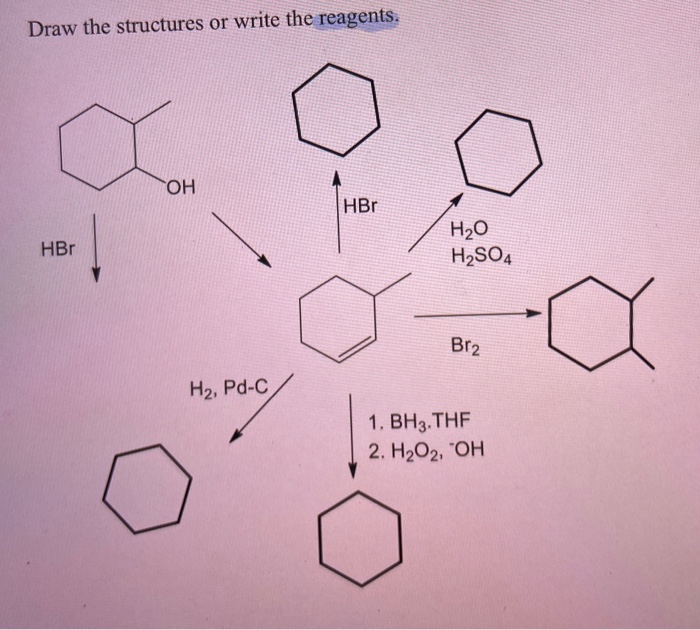 Solved Draw the structures or write the reagents. OH HBr HBT | Chegg.com