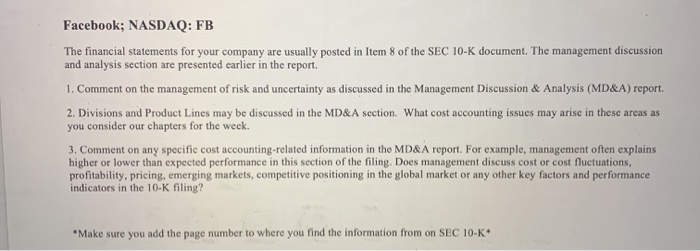 Solved Facebook; NASDAQ: FB The financial statements for | Chegg.com