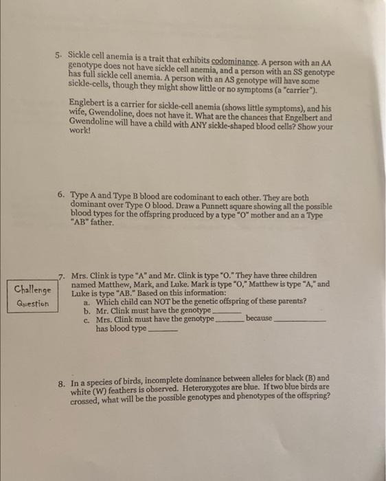 Solved Incomplete Dominance and Codominance Worksheet Name | Chegg.com