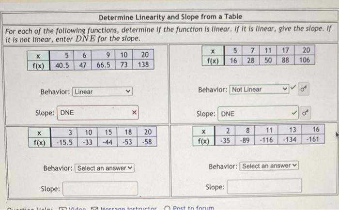 Solved Determine Linearity and Slope from a Table For each | Chegg.com