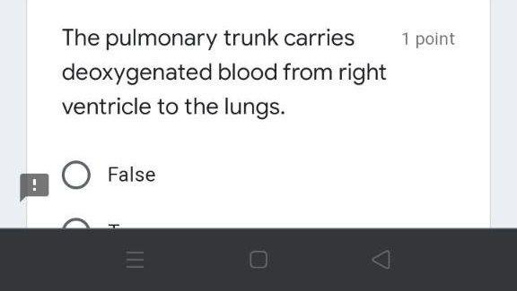 Solved 1 point The pulmonary trunk carries deoxygenated | Chegg.com