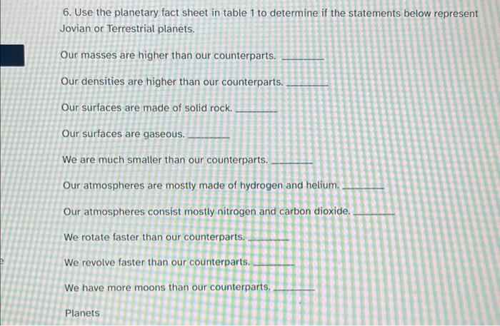 Solved 6. Use the planetary fact sheet in table 1 to | Chegg.com