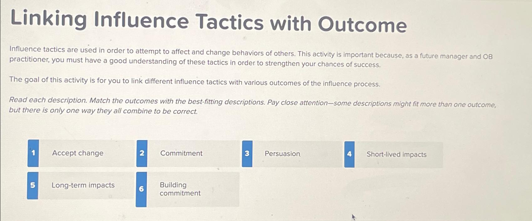 Solved Linking Influence Tactics with OutcomeInfluence | Chegg.com