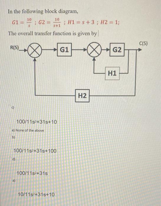 Solved 10 10 In the following block diagram, G1 = ; H1 = S + | Chegg.com