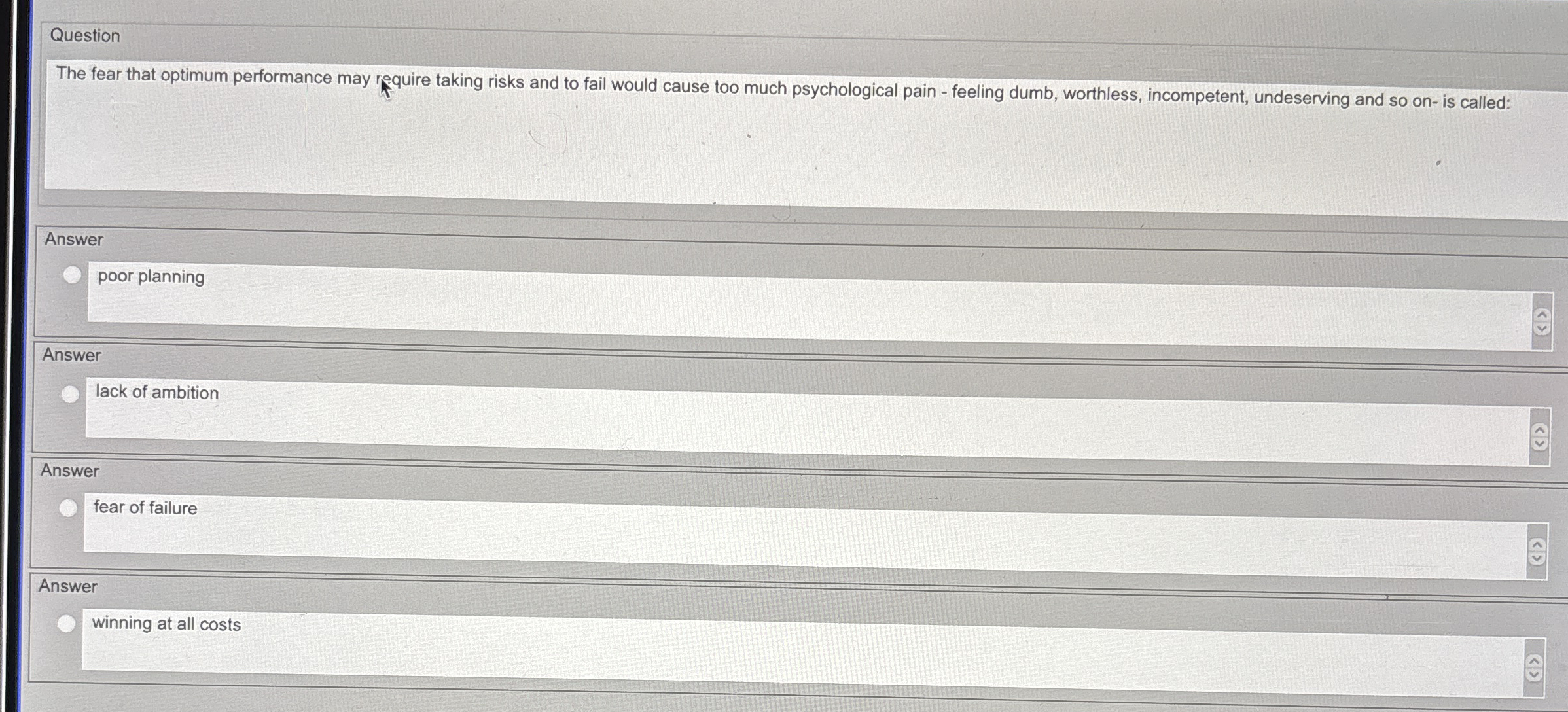 Solved QuestionThe fear that optimum performance may require | Chegg.com