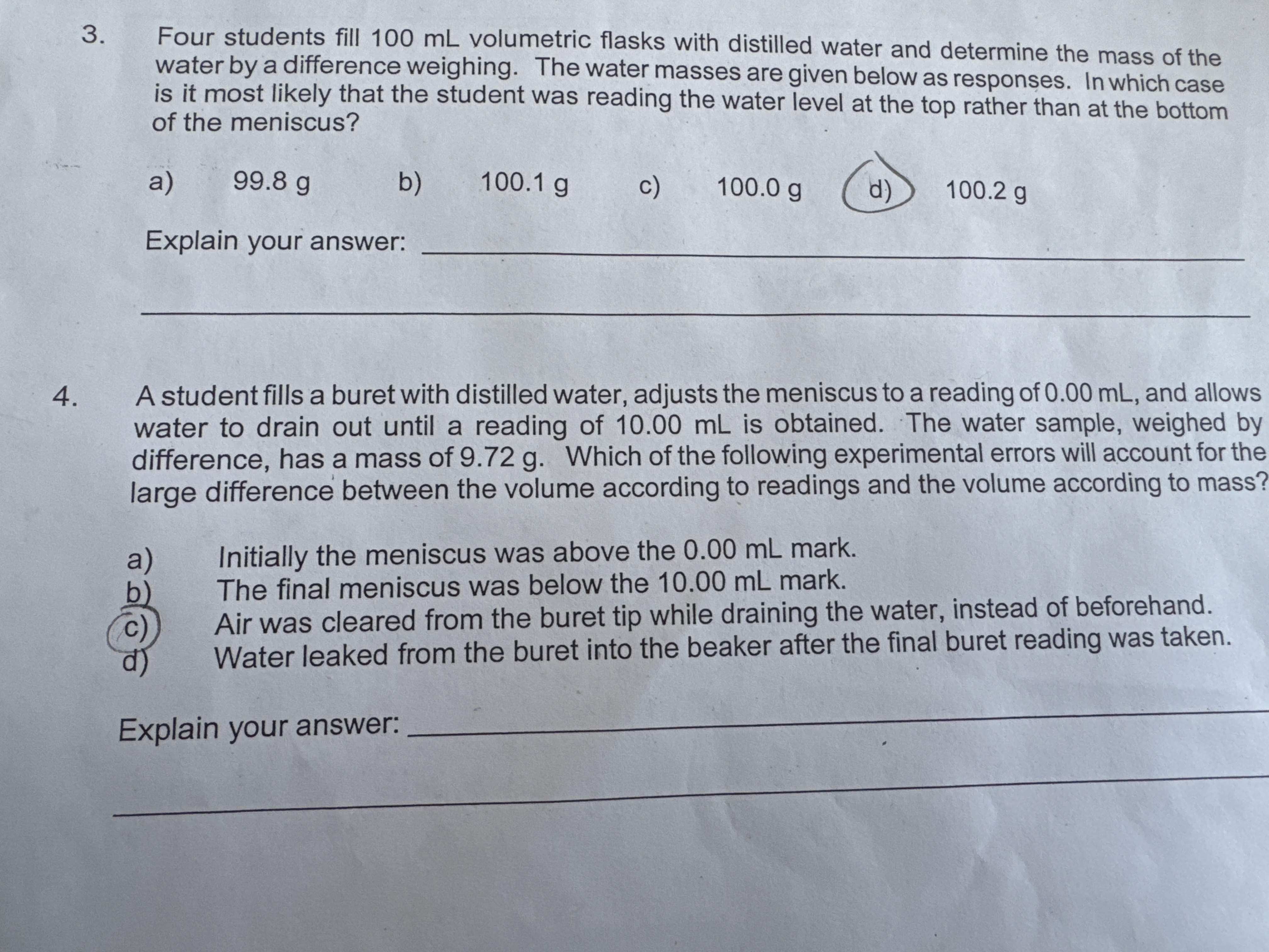 Solved Four students fill 100 ﻿mL volumetric flasks with | Chegg.com