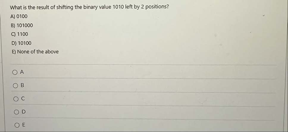 Solved What is the result of shifting the binary value 1010 | Chegg.com