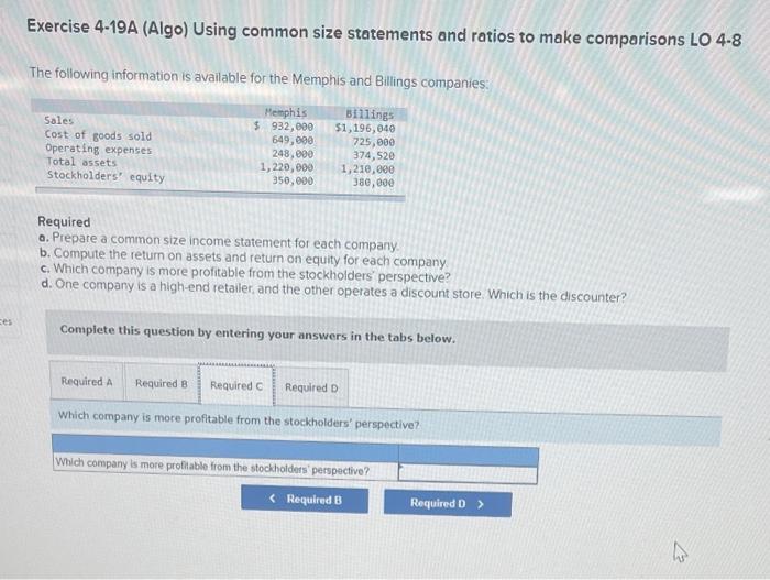 Solved Exercise 4-19A (Algo) Using common size statements | Chegg.com