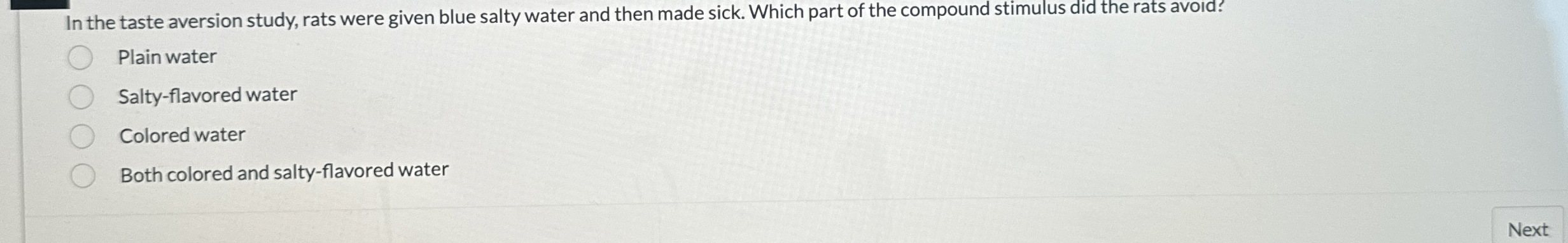 Solved In the taste aversion study, rats were given blue | Chegg.com