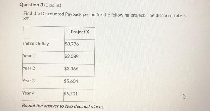 Solved Question 3 (1 point) Find the Discounted Payback | Chegg.com