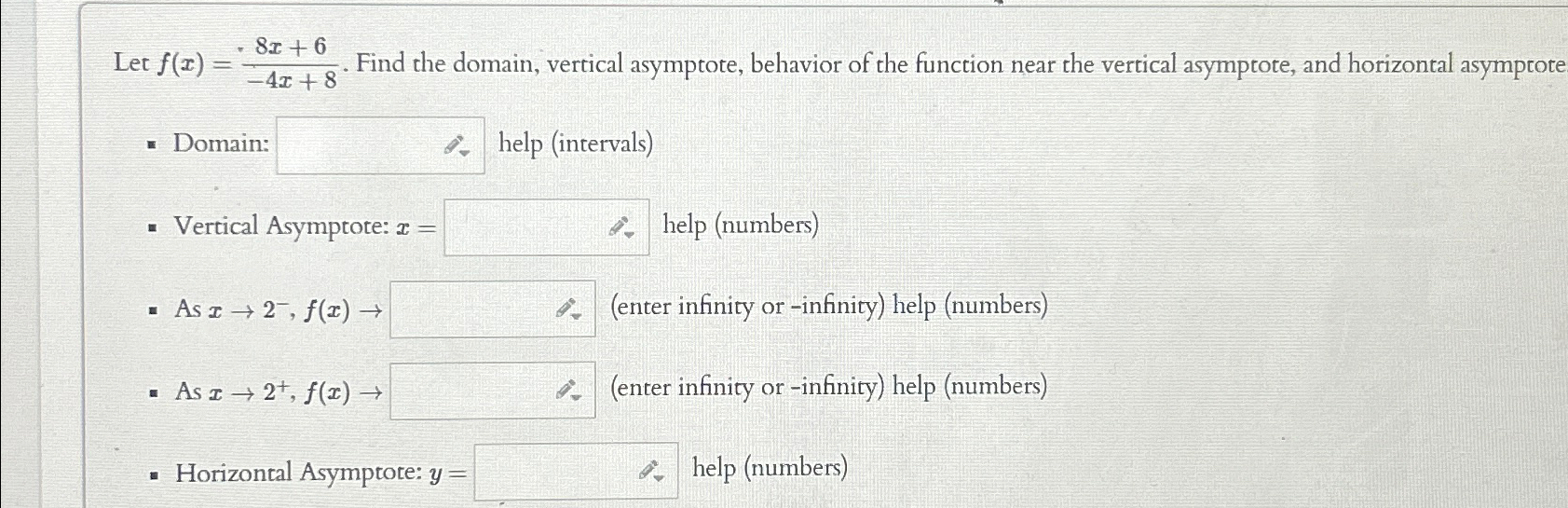 Solved Let f(x)=8x+6-4x+8 ﻿ Find the domain, vertical | Chegg.com