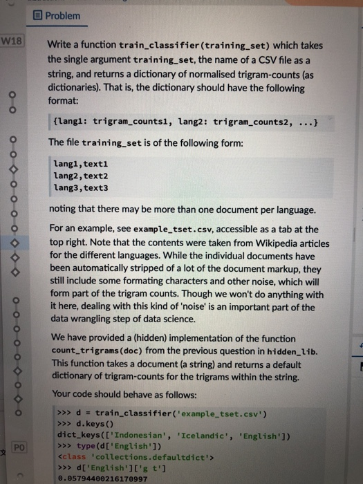 Solved Problem W18 Write a function train_classifier | Chegg.com