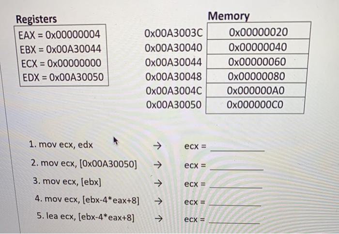 Solved Registers EAX = 0x00000004 EBX = OxO0A30044 ECX = | Chegg.com