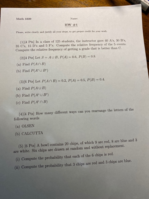 Solved Math 3330 Name: HW #1 Please write clearly and | Chegg.com