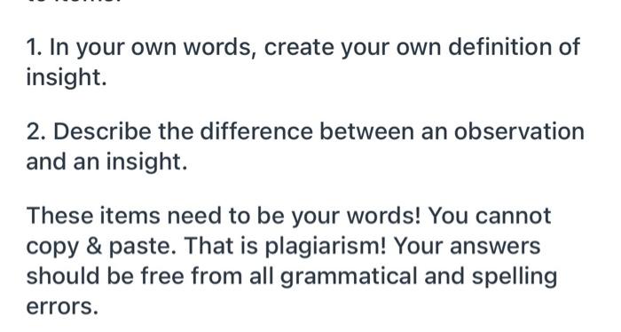 Solved 1. In your own words, create your own definition of | Chegg.com