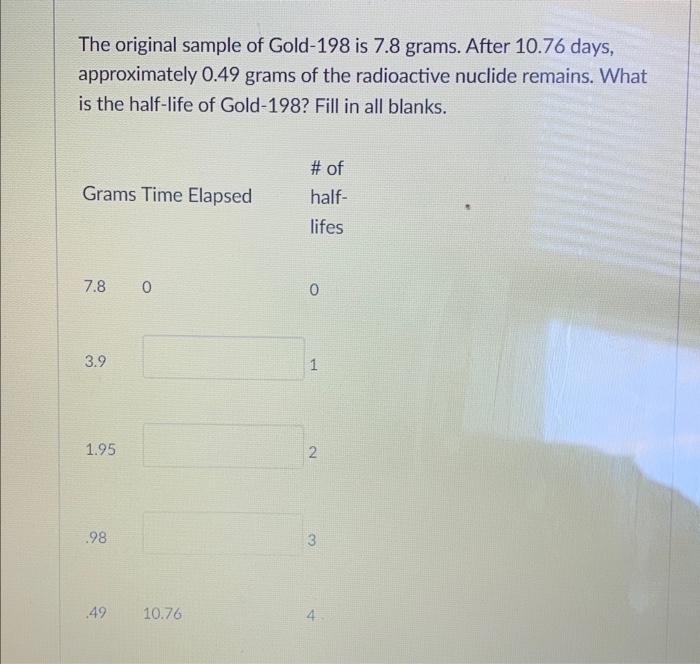 Solved The original sample of Gold-198 is 7.8 grams. After | Chegg.com