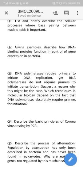 Solved BILT1019 х BMOL20090.. : Saved on device Q1. List and | Chegg.com
