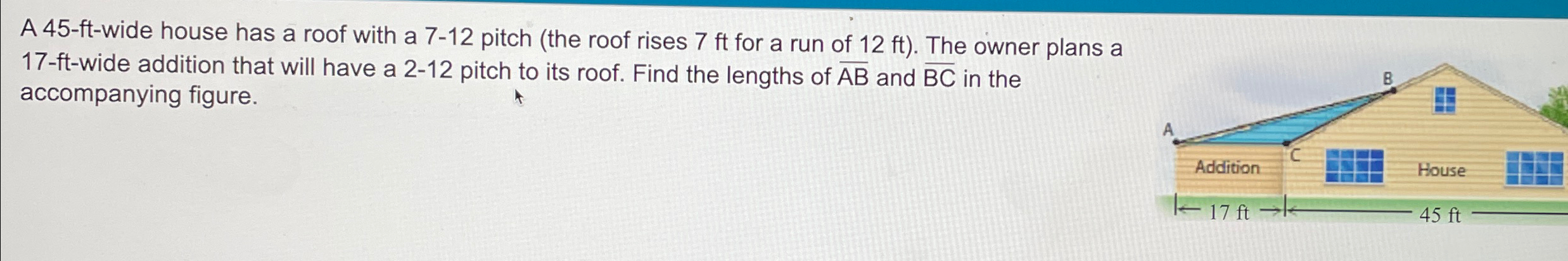 Solved A 45 - ft-wide house has a roof with a 7-12 ﻿pitch | Chegg.com
