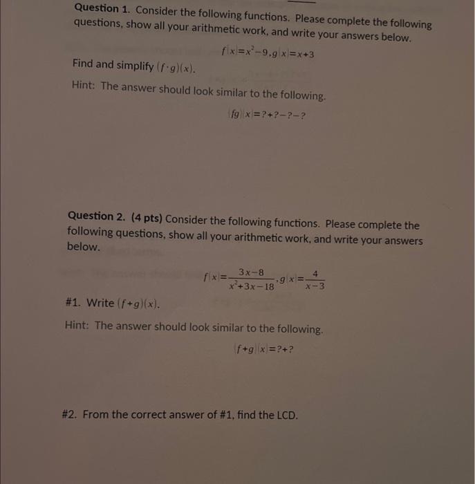 Question 1. Consider the following functions. Please | Chegg.com