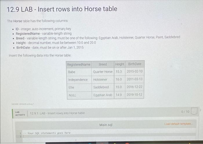 Solved 12.9 LAB - Insert rows into Horse table The Horse | Chegg.com