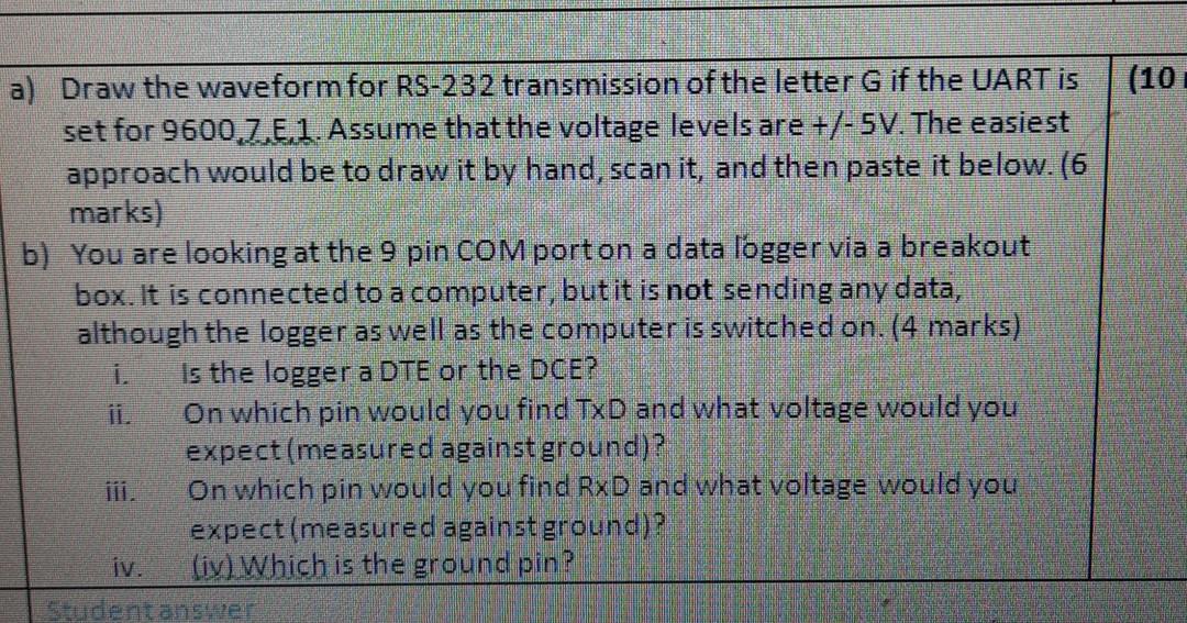 (10 a) Draw the waveform for RS-232 transmission of | Chegg.com