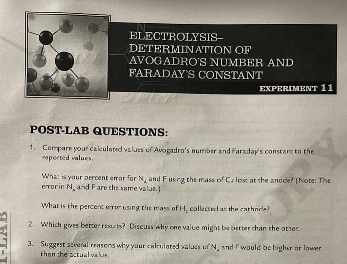 ELECTROLYSIS DETERMINATION OF AVOGADRO'S NUMBER AND | Chegg.com