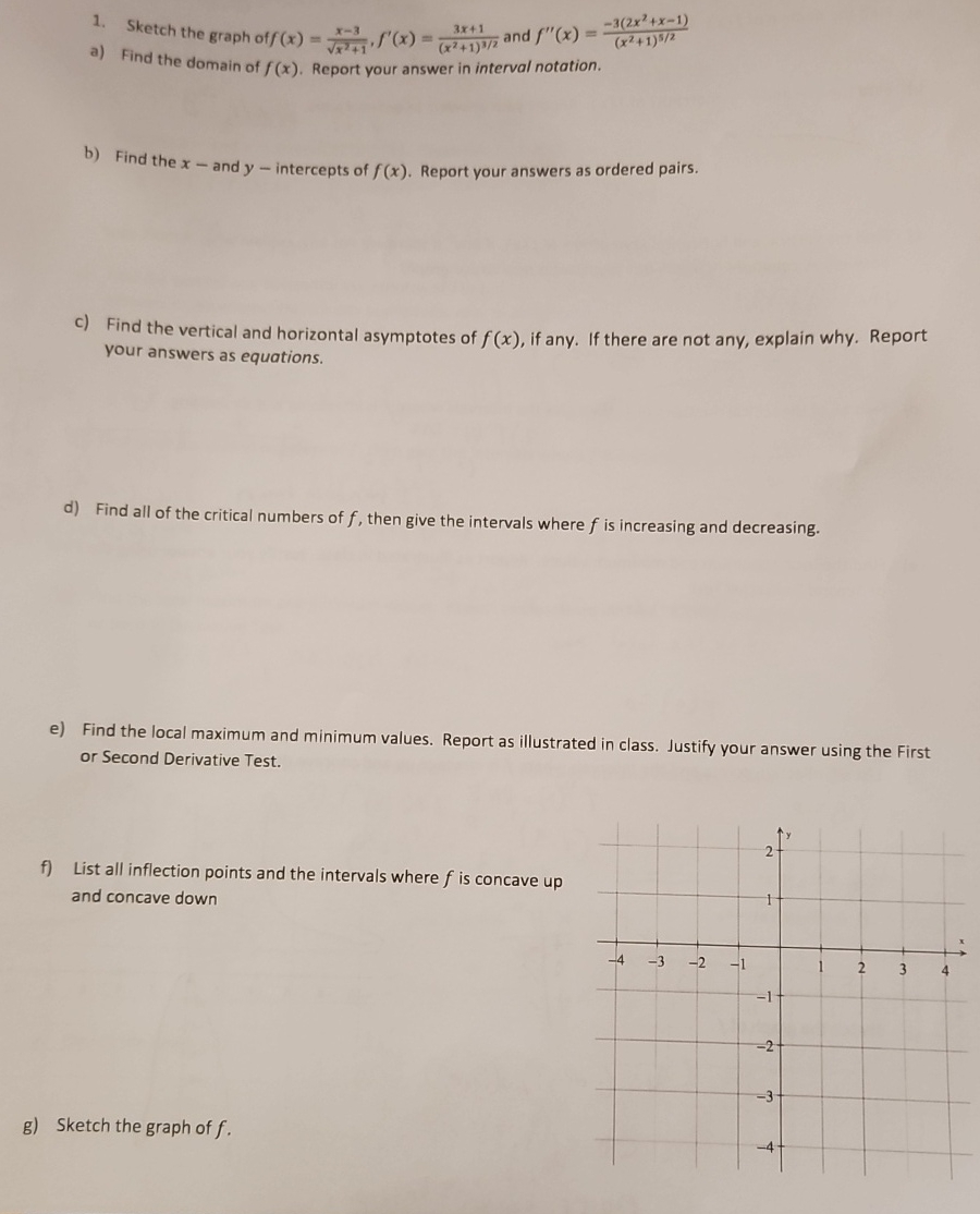 Solved Sketch the graph of f(x)=x-3x2+12,f'(x)=3x+1(x2+1)32 | Chegg.com