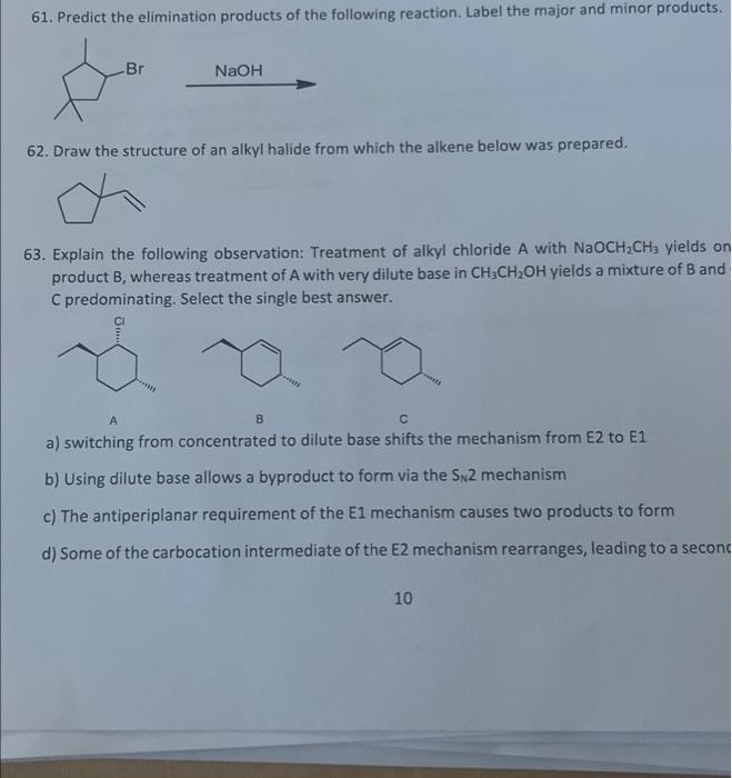 Solved 61. Predict the elimination products of the following | Chegg.com