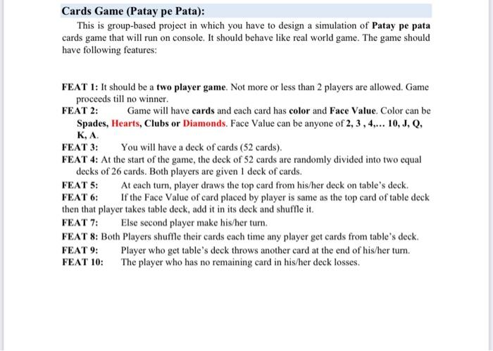 Solved Cards Game (Patay pe Pata): This is group-based | Chegg.com