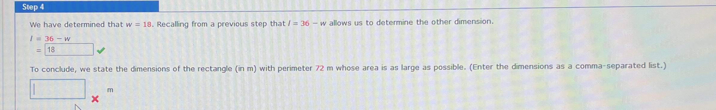 Solved Step 4We have determined that w=18. ﻿Recalling from a | Chegg.com
