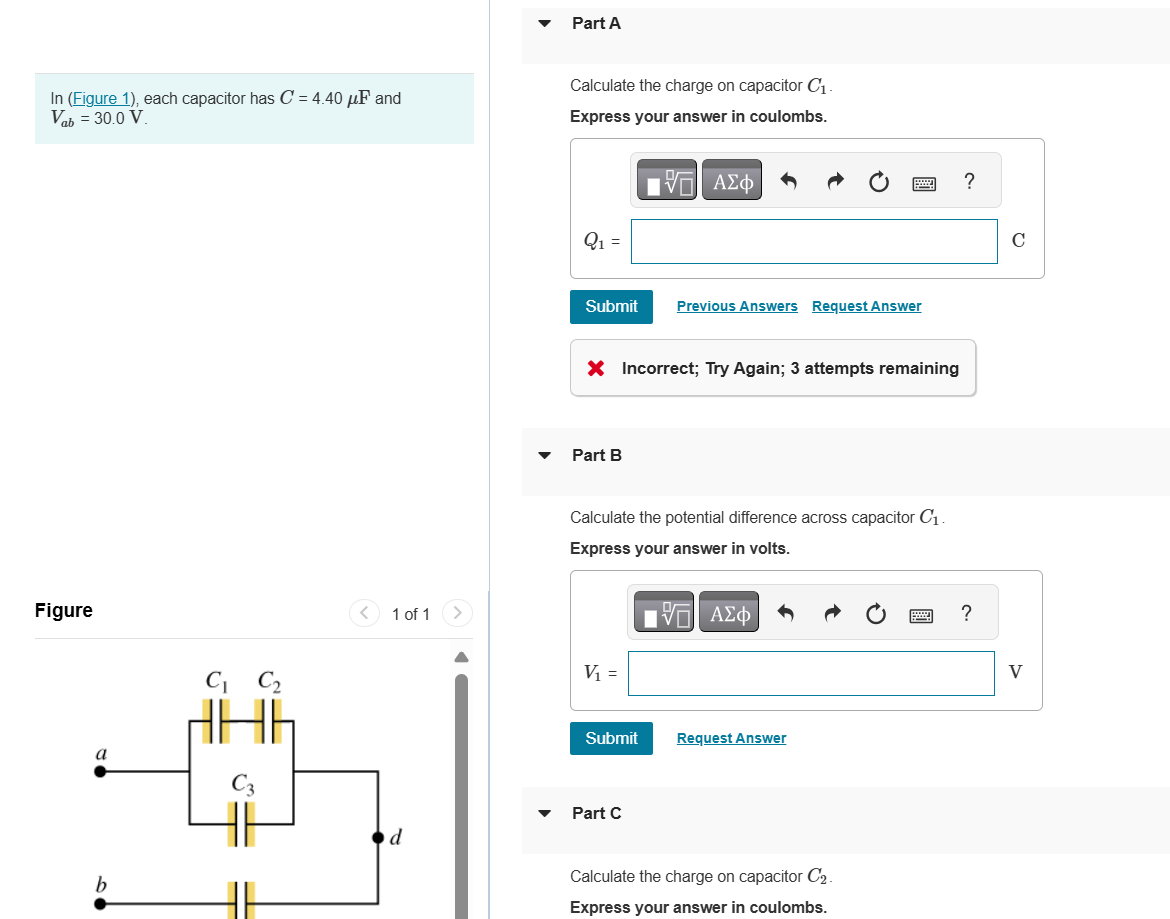 Solved Part AIn (Figure 1), ﻿each capacitor has C=4.40μF | Chegg.com