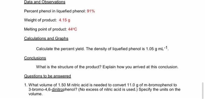 Solved Data and Observations Percent phenol in liquefied | Chegg.com
