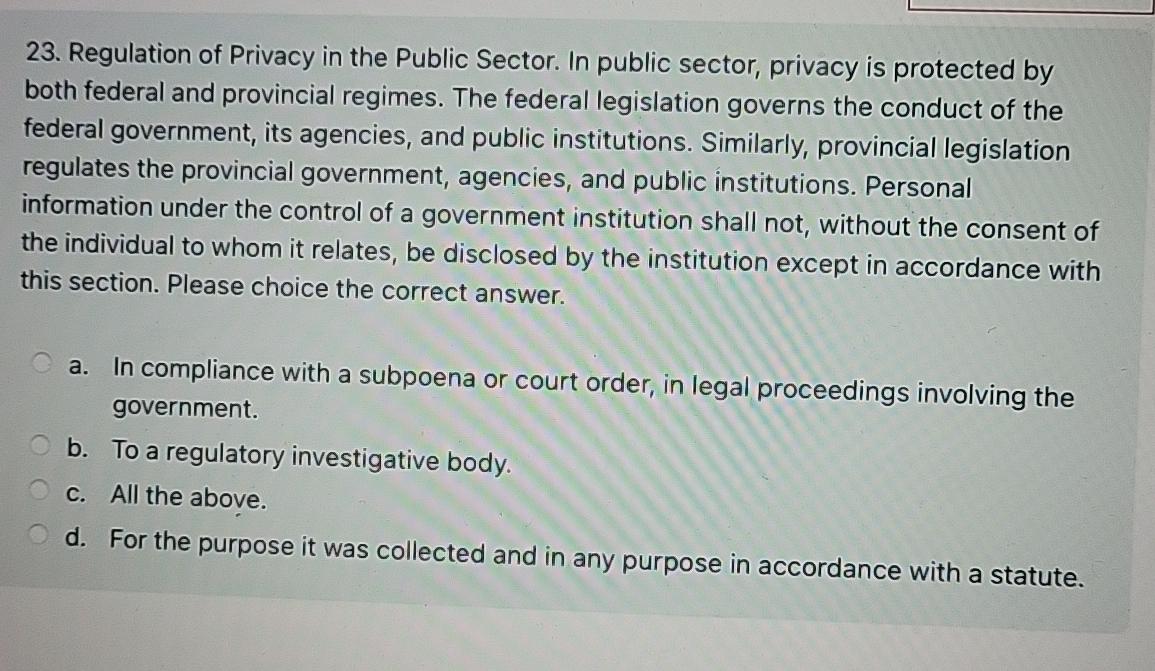 Solved Regulation of Privacy in the Public Sector. In public | Chegg.com