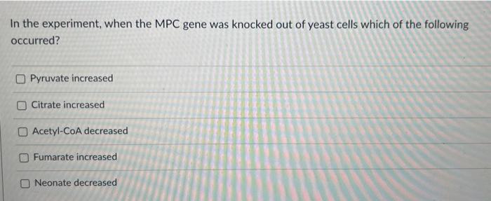 Solved In the experiment, when the MPC gene was knocked out | Chegg.com
