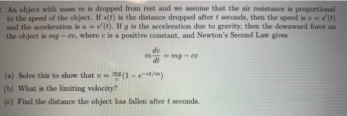 Solved An object with mass m is dropped from rest and we | Chegg.com