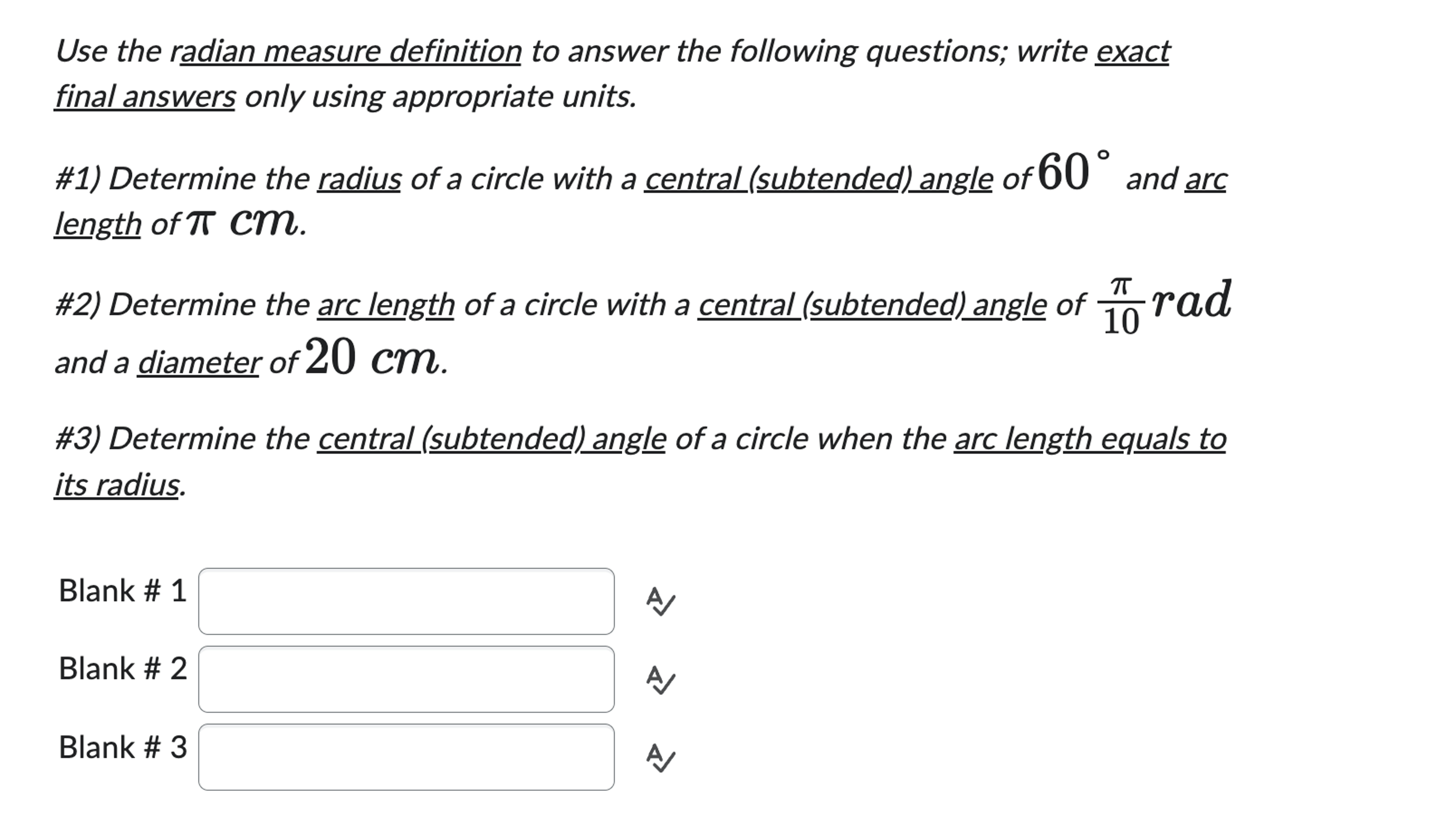 Solved Use the radian measure definition to answer the | Chegg.com