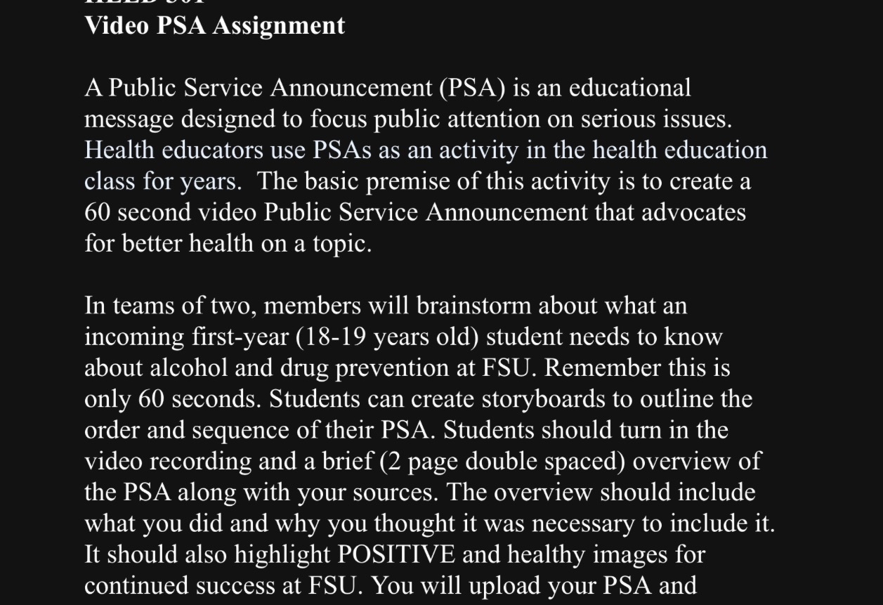 Solved Video PSA AssignmentA Public Service Announcement | Chegg.com