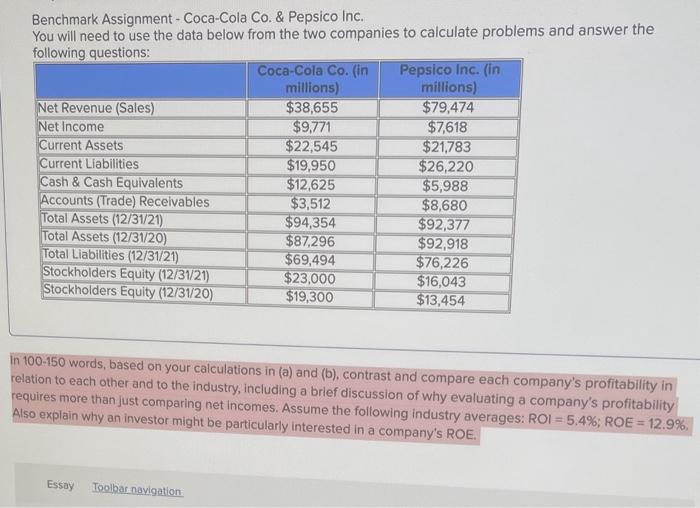 Solved Benchmark Assignment - Coca-Cola Co. \& Pepsico Inc. | Chegg.com