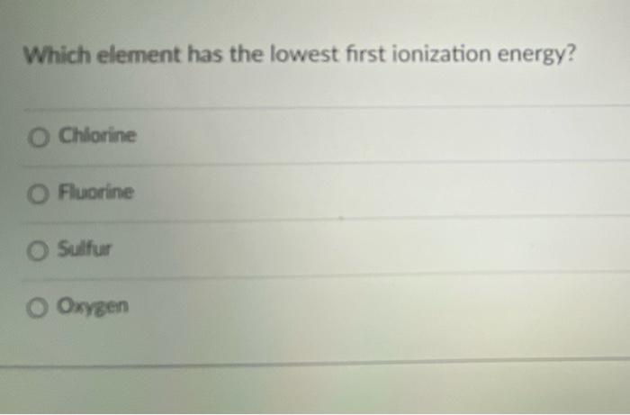 Solved Which element has the lowest first ionization energy? | Chegg.com