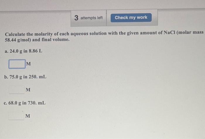 Solved Be sure to answer all parts. Calculate the molarity | Chegg.com